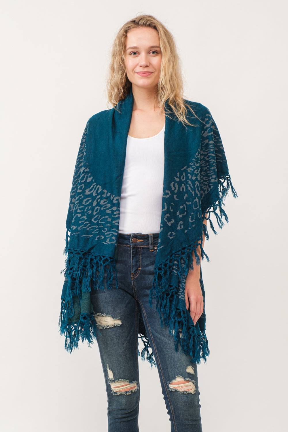 RAJ MAE SPOTTED LEO BORDER PONCHO DEEP TEAL | Raj Imports