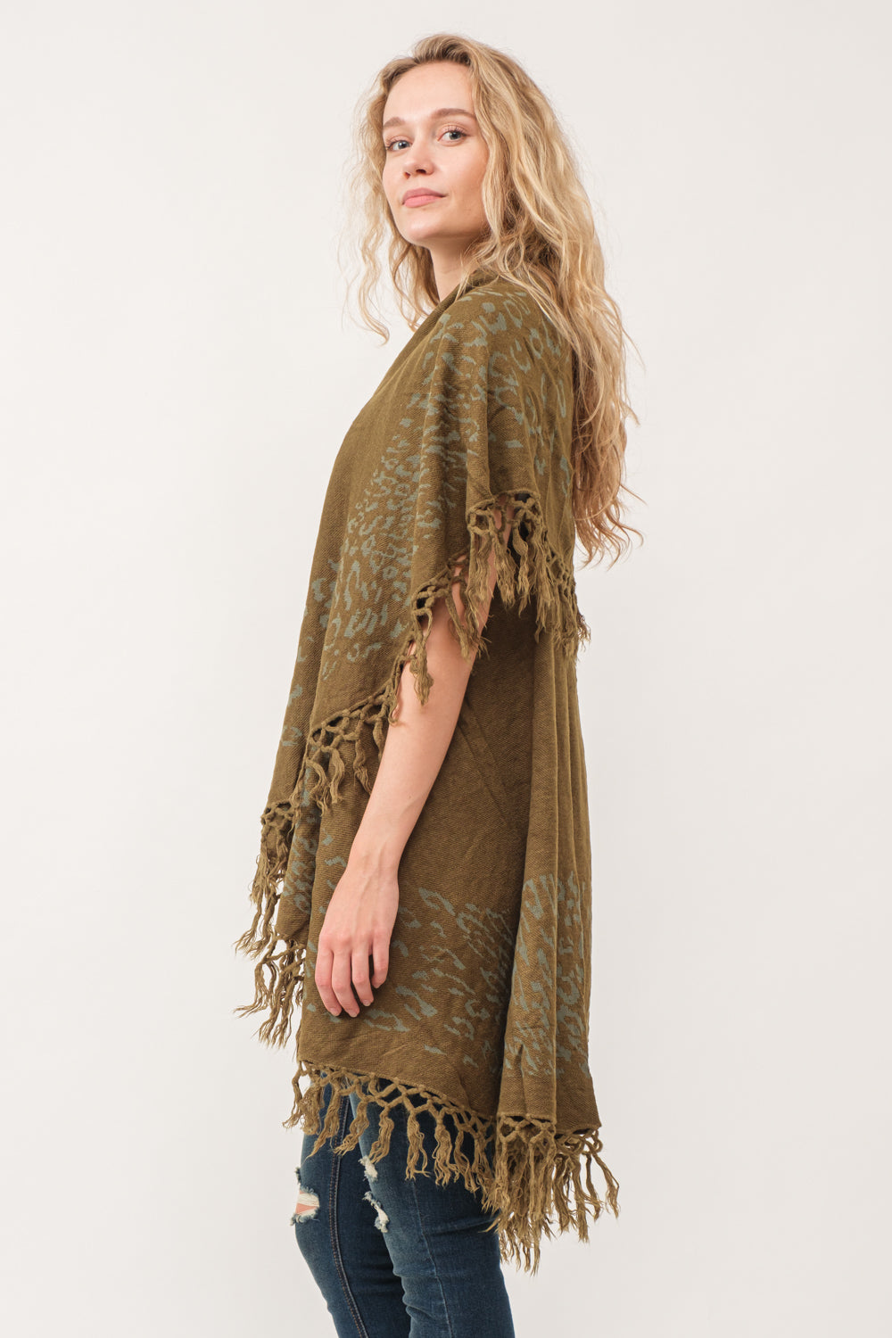RAJ MAE SPOTTED LEO BORDER PONCHO OLIVE | Raj Imports