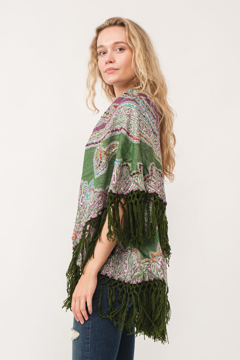 RAJ REGINA THICK STITCH EMBROIDERED PONCHO GREEN | Raj Imports