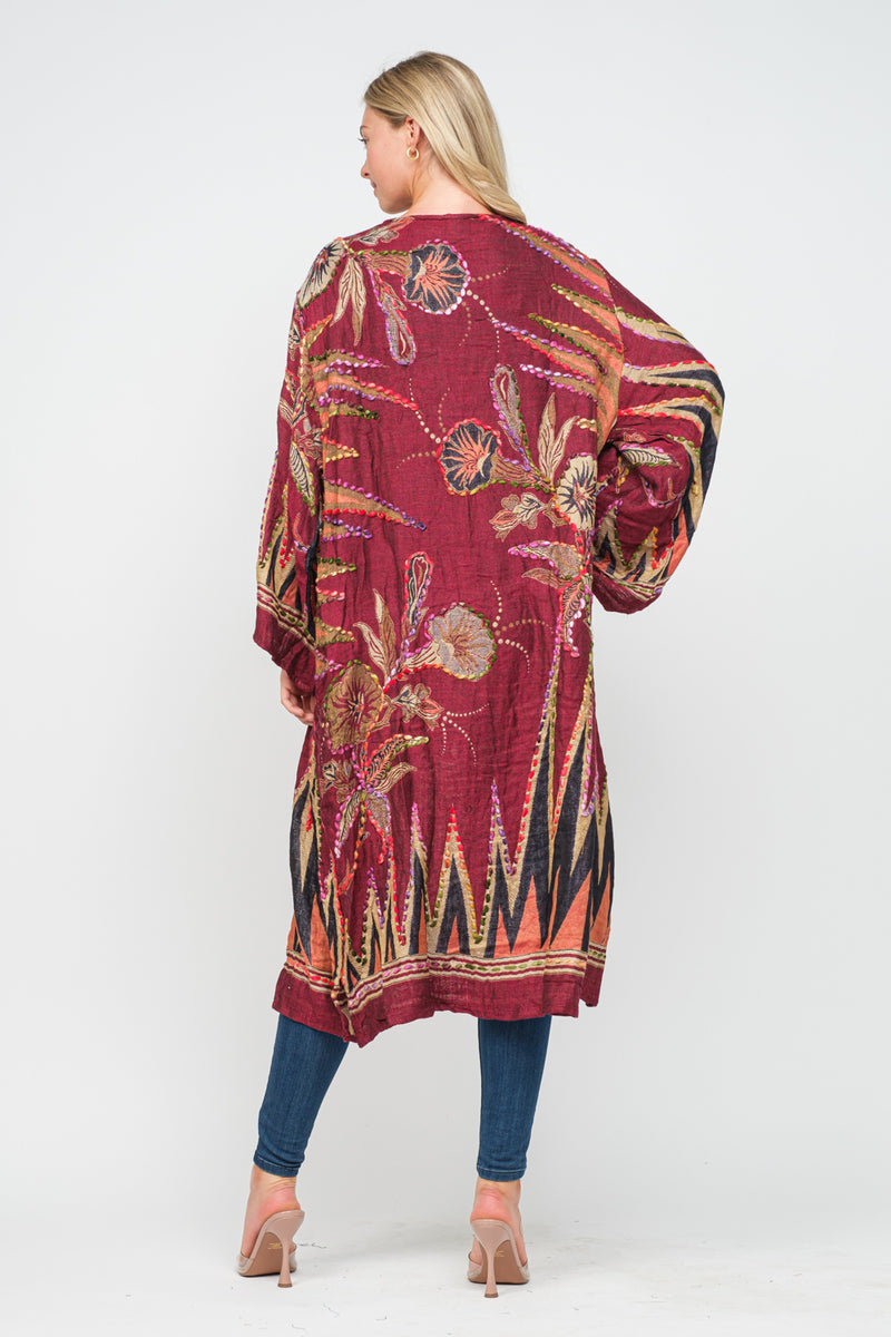 RAJ MEGHAN CARMINE ORAGE THICK STITCH EMBROIDERED DUSTER– Raj Imports
