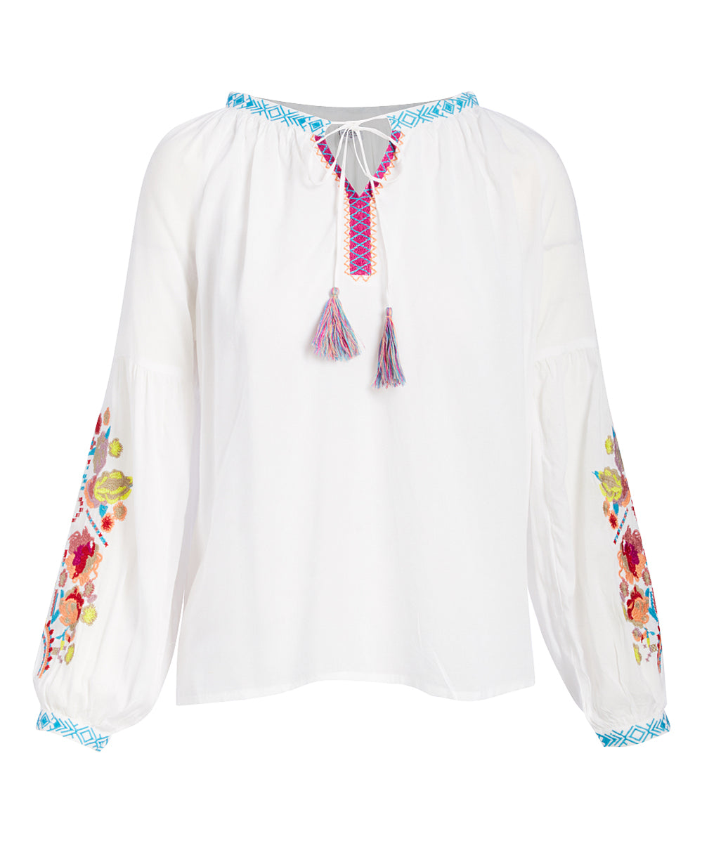 Jane Bell Sleeve Embroidered Top- White | Raj Imports